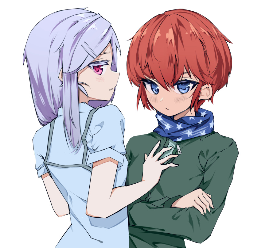 Safebooru - 2girls absurdres blue eyes green jacket hand on another's chest haruka(character ...