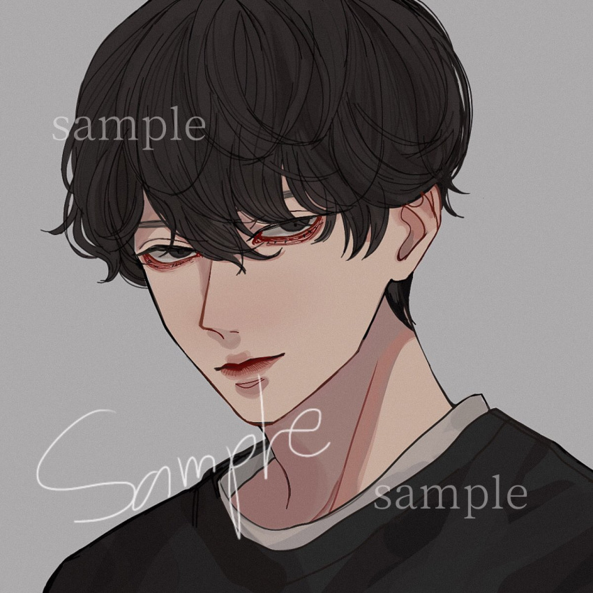 Safebooru - 1boy bishounen black eyes black hair black shirt closed mouth commission grey ...