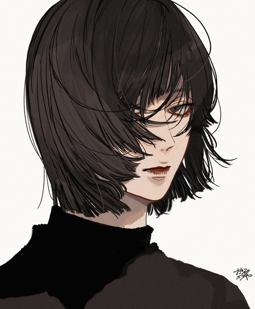 Safebooru - 1boy bishounen black hair black sweater brown eyes closed mouth hair over one eye ...