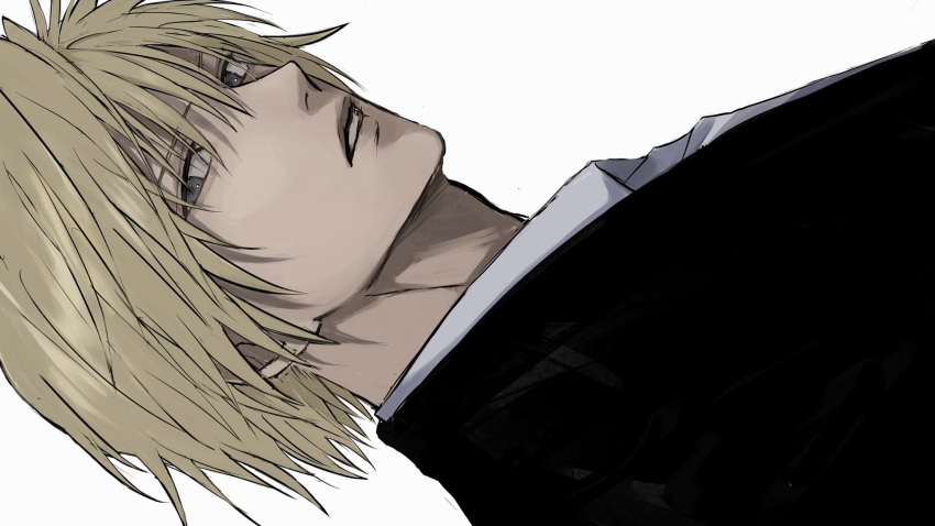 Safebooru - 1other black suit blonde hair expressionless formal from side grey eyes hair between ...