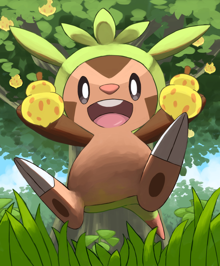Safebooru - :d berry (pokemon) bright pupils brown eyes chespin commentary request day full body ...