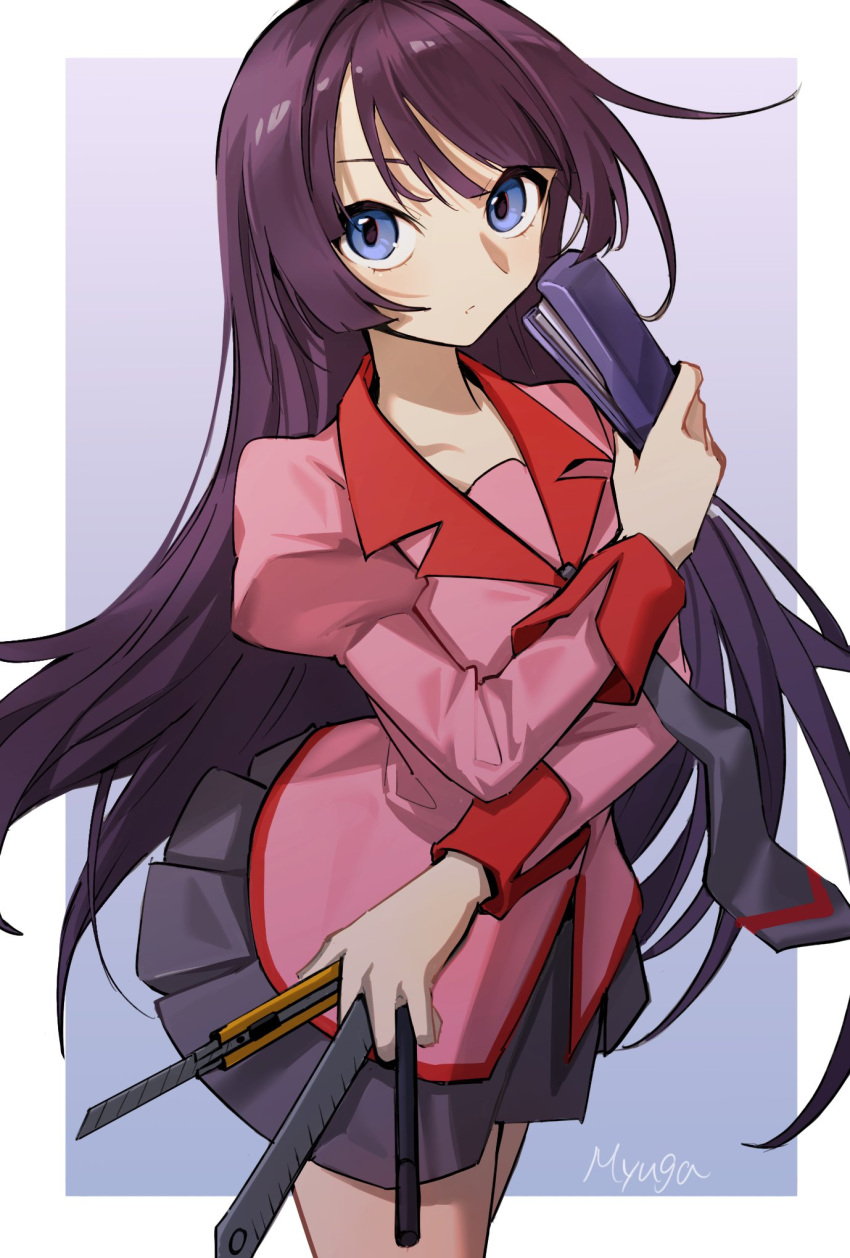 Safebooru - 1girl bakemonogatari between fingers blue background blue ...