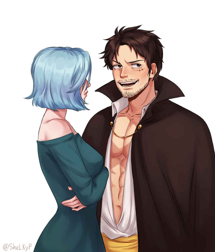 Safebooru - 1boy 1girl aged up alternate hairstyle artist name black cape black hair blue hair ...