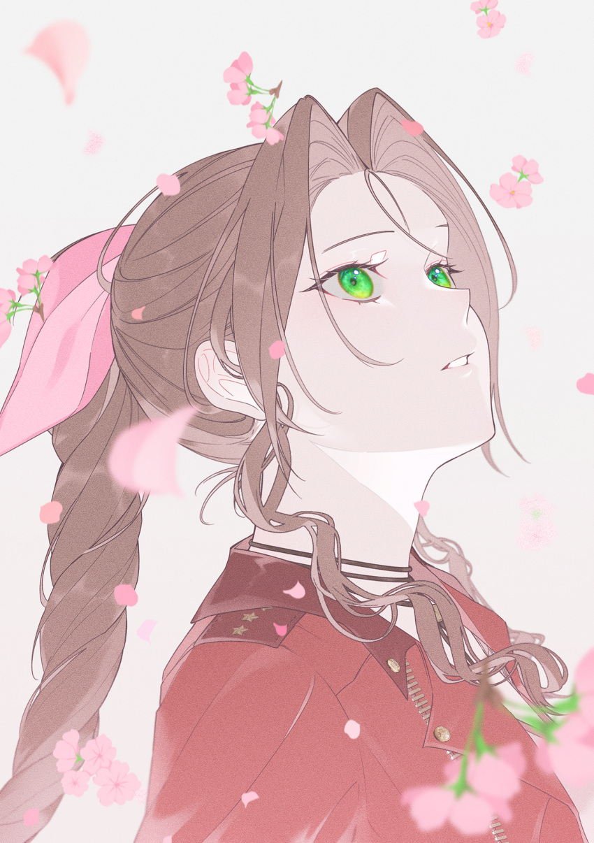 Safebooru - 1girl aerith gainsborough blurry blurry foreground braid braided ponytail brown hair ...