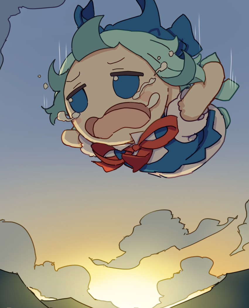 Safebooru - 1girl absurdres blue bow blue dress blue eyes blue hair bow cirno crying crying with ...