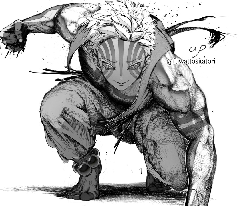 Safebooru - 1boy akaza (kimetsu no yaiba) barefoot beads closed mouth ...