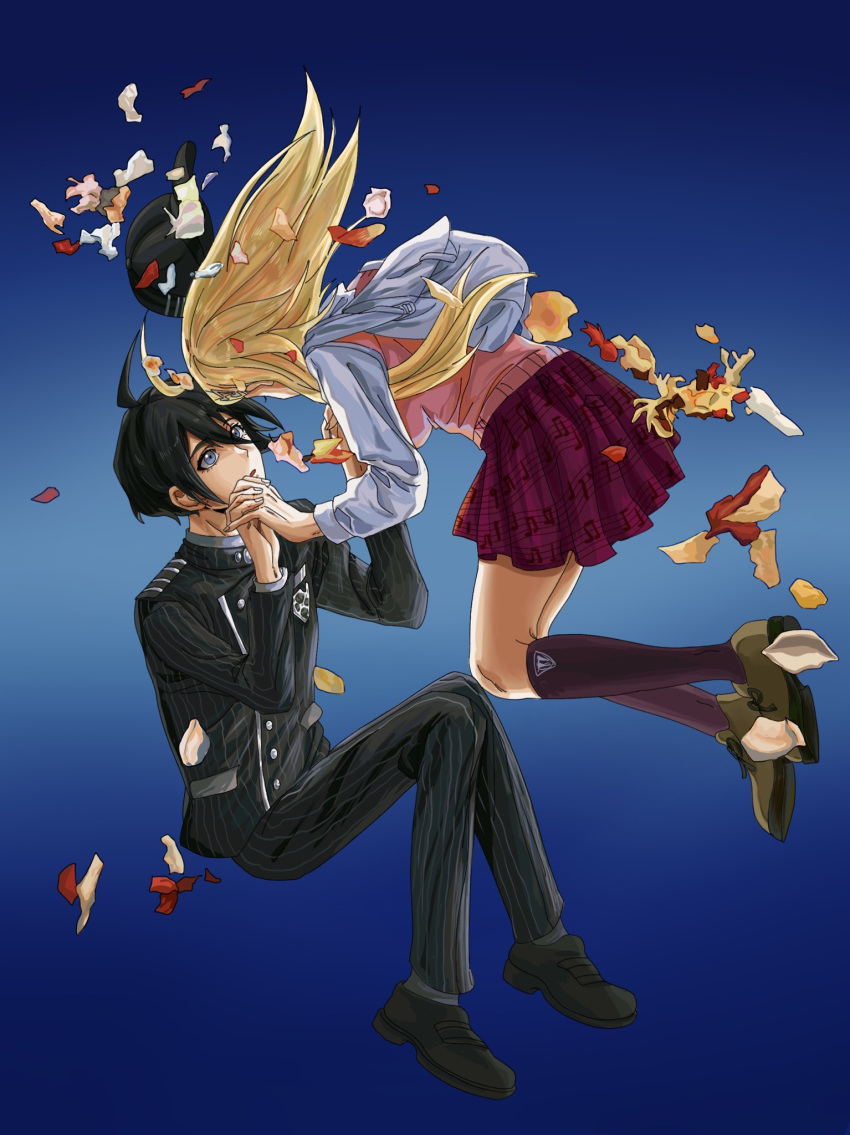 Safebooru - 1boy 1girl ahoge akamatsu kaede black hair black jacket black pants blonde hair blue ...