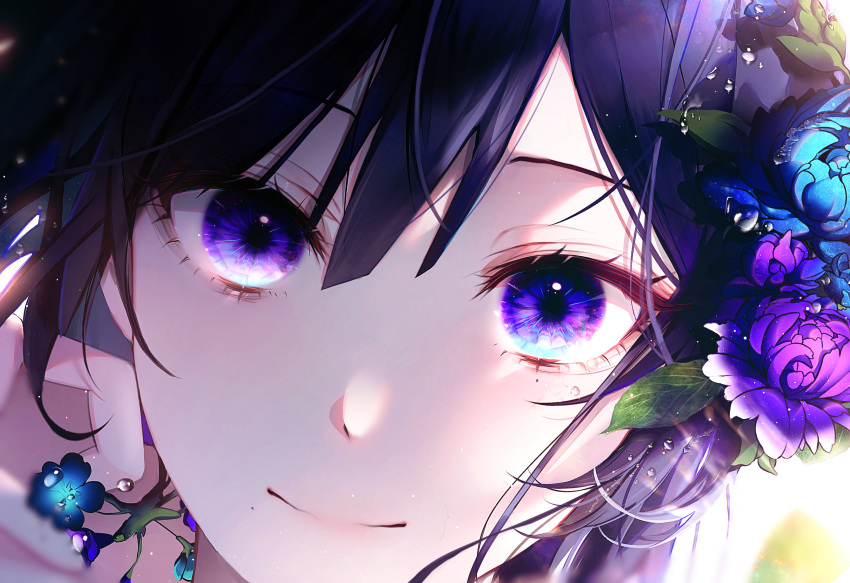 Safebooru - 1girl 58 (opal 00 58) absurdres blue flower close-up closed mouth commentary english ...
