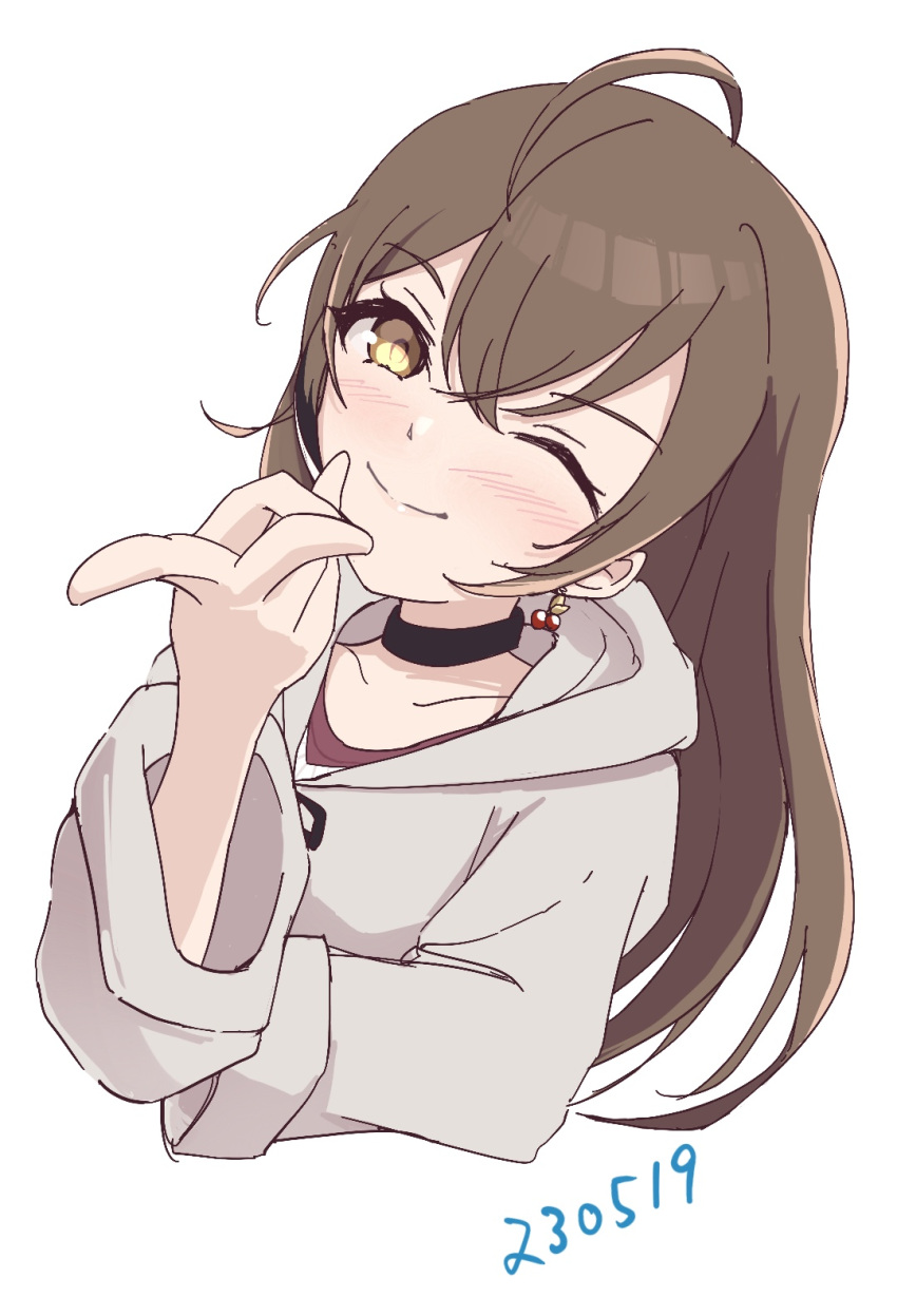 Safebooru - 1girl ahoge berry black choker blush brown eyes brown hair brown hoodie choker ...