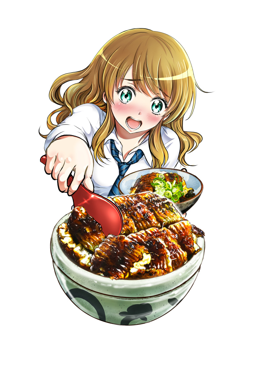 Safebooru - 1girl absurdres aqua eyes blue necktie blush bowl collared shirt eel fd375575 food ...