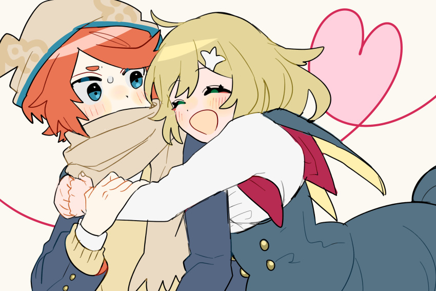 Safebooru - 1boy 1girl blue eyes blush closed eyes heart highres hug hug from behind mo 623 mo ...