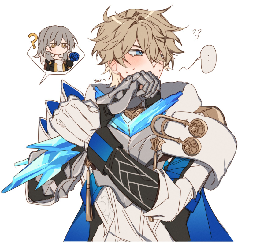 Safebooru - 1boy 1girl ? armor blonde hair blue flower blue rose blush chibi flower gepard ...