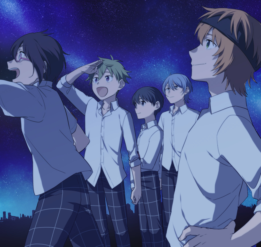 Safebooru - 5boys akiyama hayato black hair black headband cityscape ...