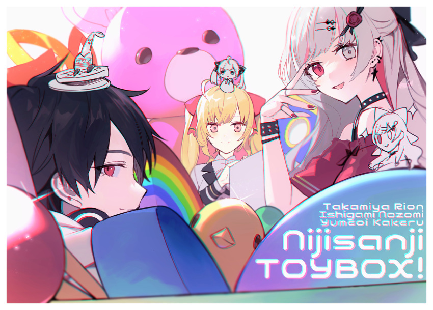Safebooru - 1boy 2girls absurdres black hair blazer blonde hair border bow character name ...