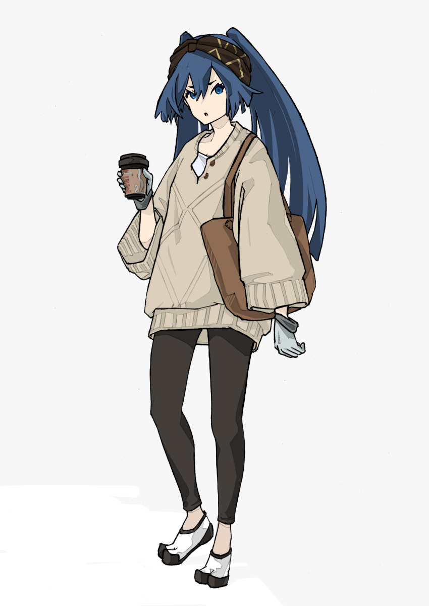 Safebooru - 1girl absurdres blue eyes blue hair brown headwear brown pants carrying bag cup ...