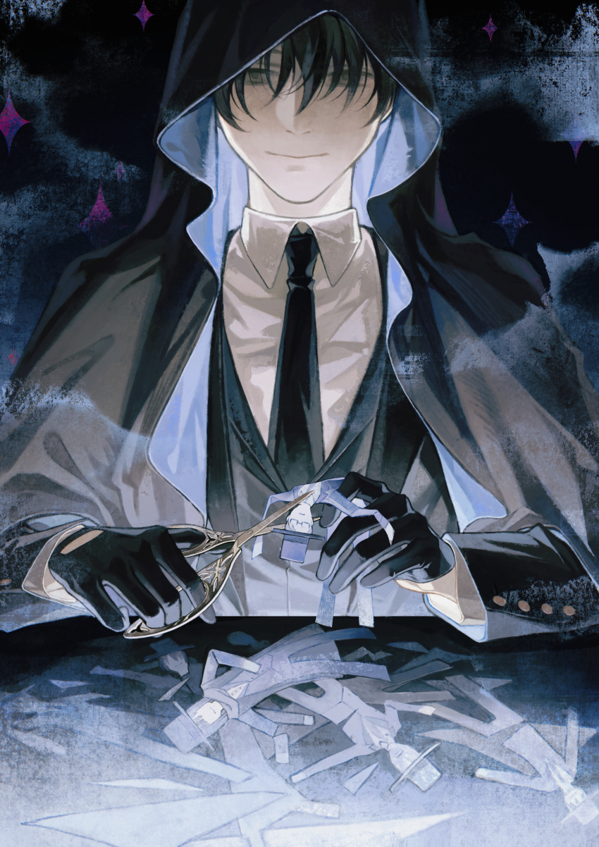 Safebooru - 1boy abstract background absurdres black cloak black eyes black gloves black hair ...