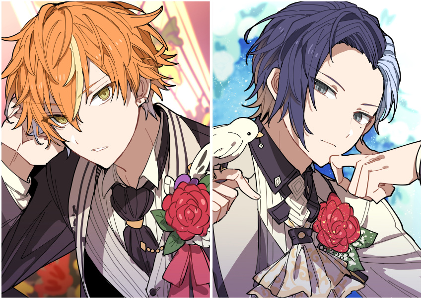 Safebooru - 2boys absurdres aoyagi touya ascot bird black ascot black ...