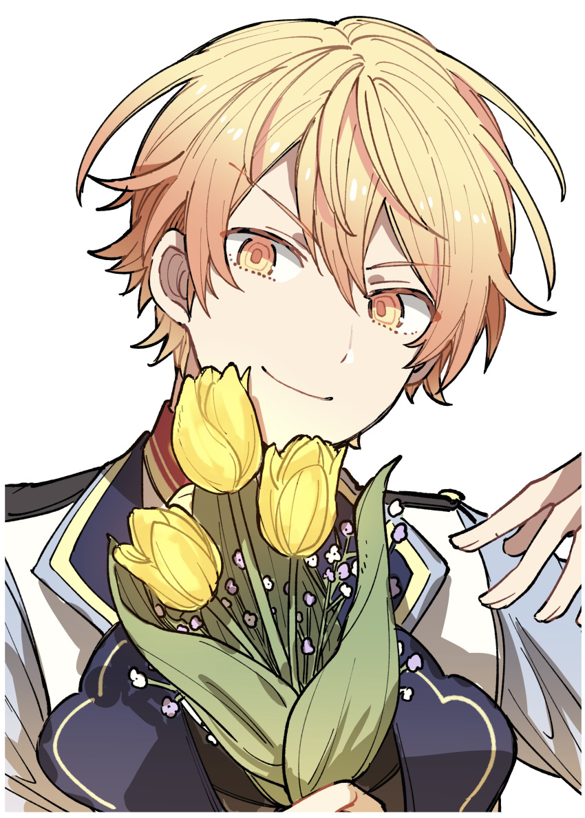 Safebooru - 1boy absurdres blue jacket closed mouth flower highres ...