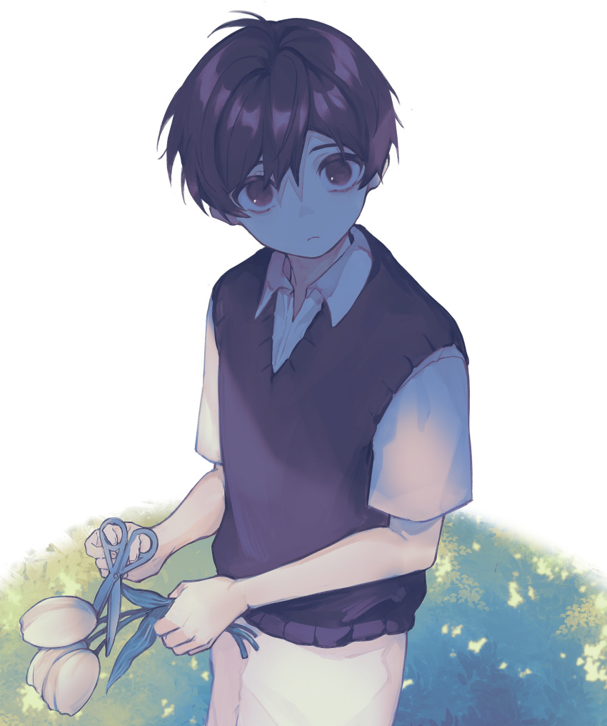 Safebooru - 1boy black eyes black hair black sweater vest collared shirt expressionless flower ...