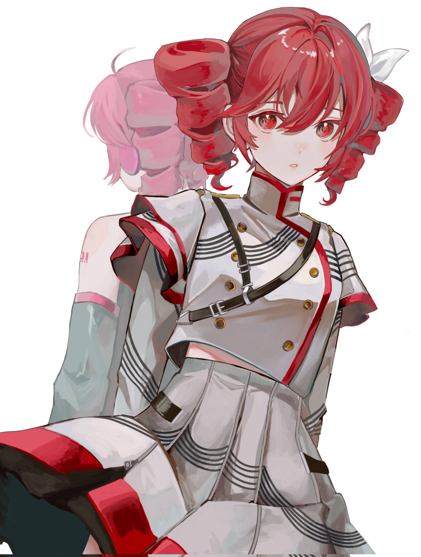 Safebooru - 2girls blush bow drill hair dual persona grey jacket grey ...