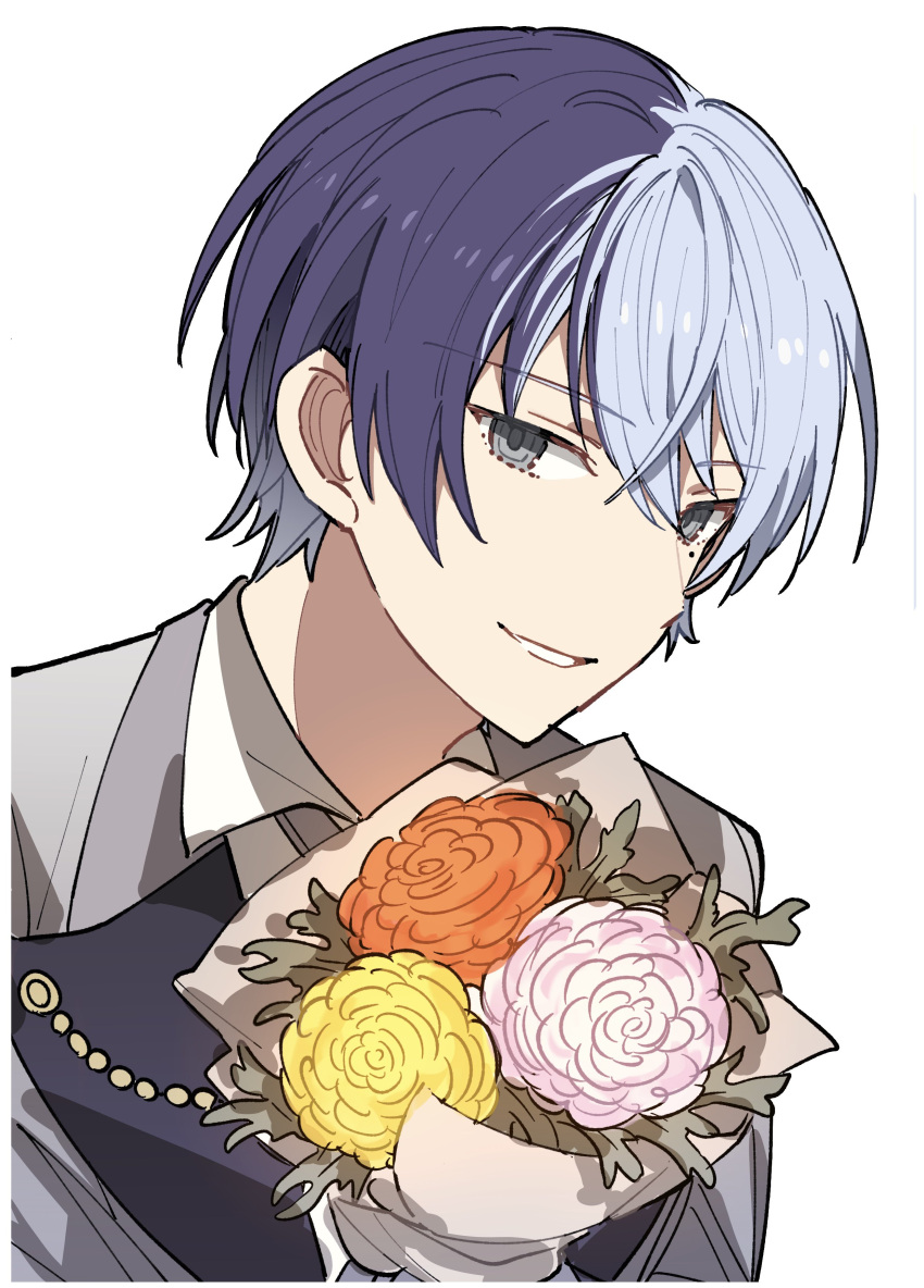 Safebooru - 1boy absurdres aoyagi touya blue hair blue jacket bouquet ...