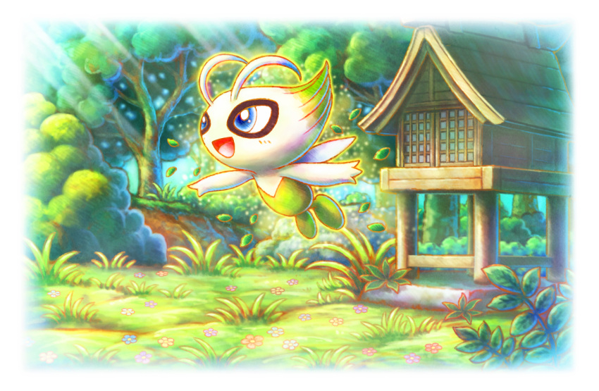 Safebooru - :d blue eyes blush border bush celebi commentary request ...