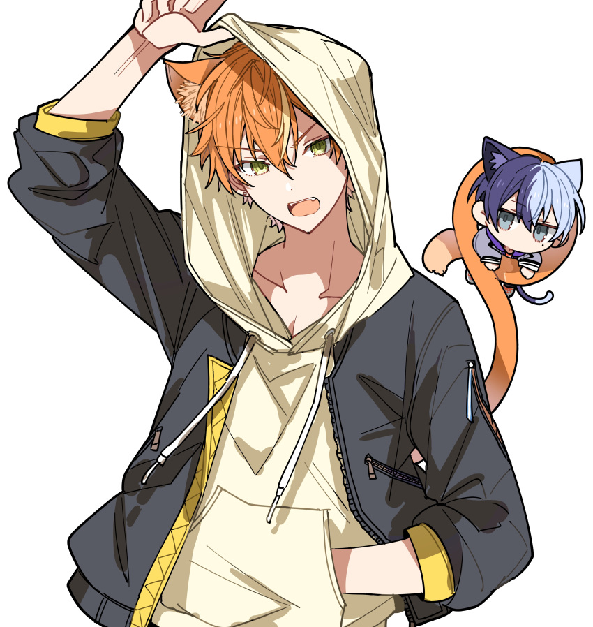 Safebooru - 2boys absurdres animal ears aoyagi touya black jacket blue hair cat ears cat tail ...
