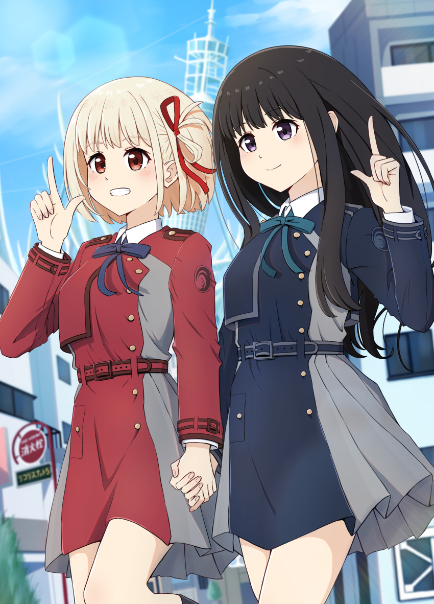 Safebooru - 2girls absurdres belt black hair blonde hair blue belt blue dress blue ribbon blue ...