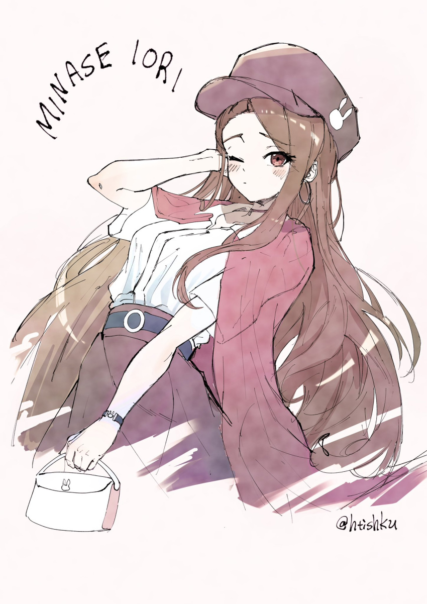 Safebooru - 1girl adjusting hair asymmetrical bangs bag belt blush brown hair brown skirt cape ...