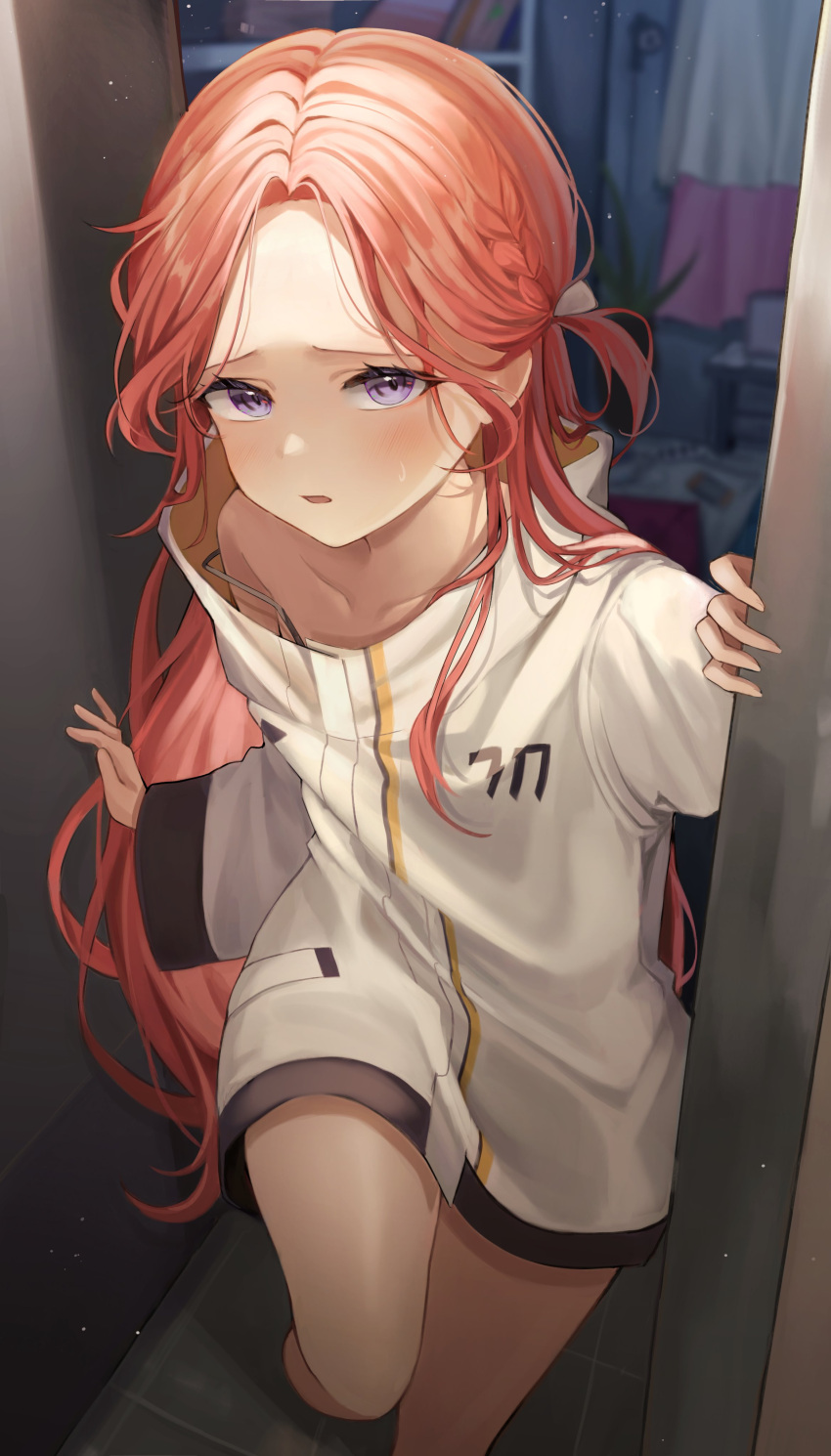 Safebooru - 1girl absurdres bare legs barefoot blue archive halo highres jacket long hair ...