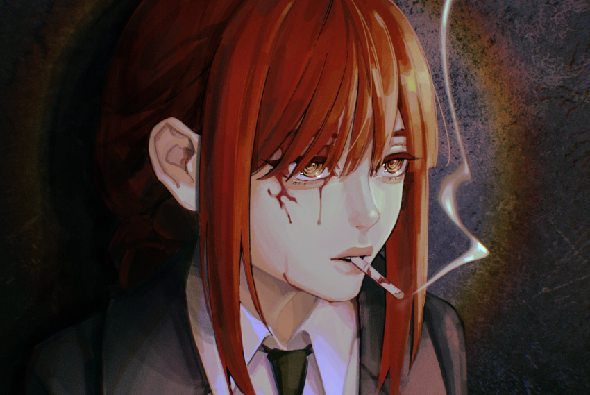 Safebooru - 1girl black jacket black necktie braid braided ponytail chainsaw man cigarette ...