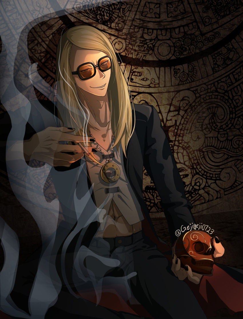 Safebooru - 1boy absurdres black jacket black nails black pants blonde ...