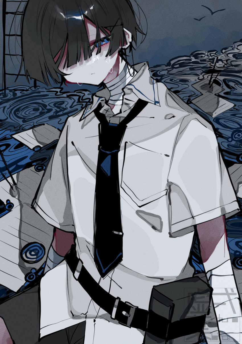 Safebooru - 1boy bag bandaged neck bandages bishounen black necktie blue eyes copyright request ...