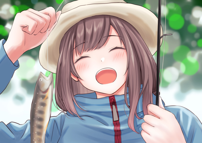 Safebooru - 1girl :d absurdres blue jacket blurry blurry background blush brown hair day facing ...