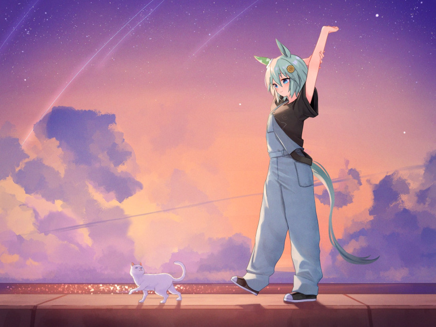 Safebooru - 1girl arm behind back arm up black footwear black shirt blue eyes casual cat ear ...