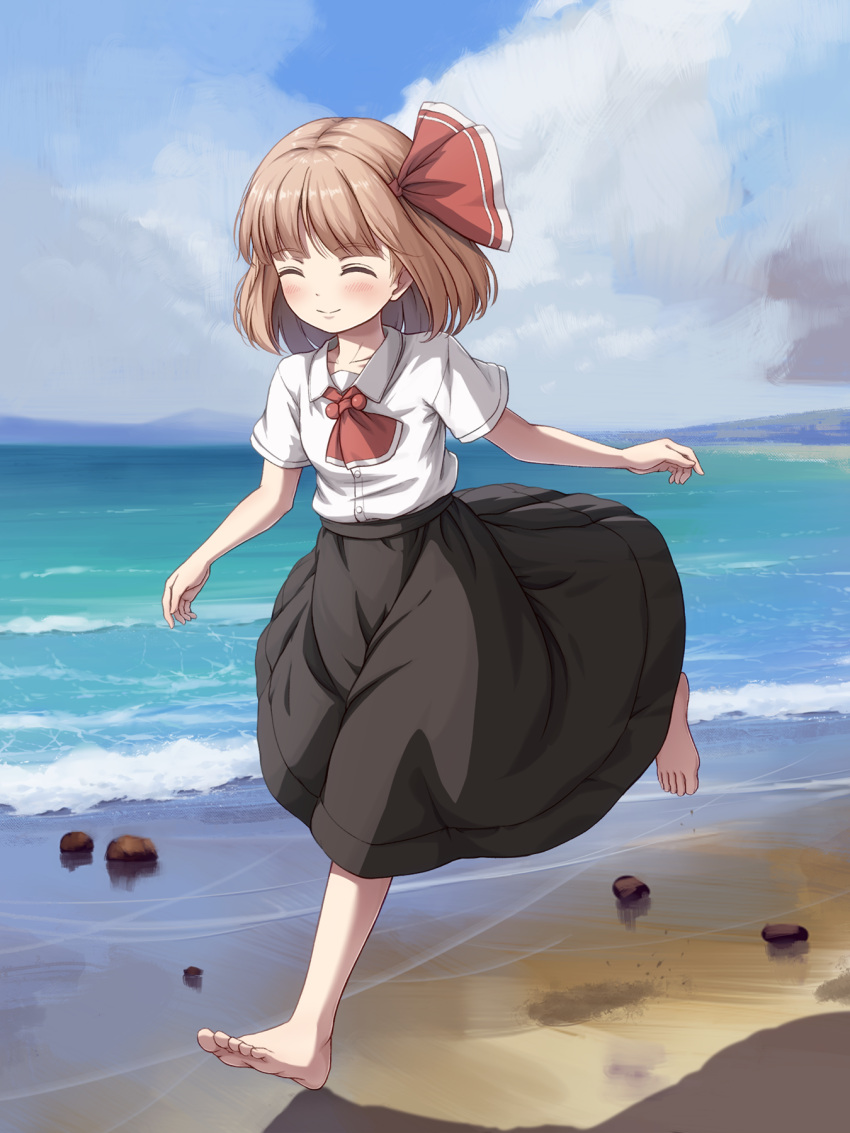 Safebooru - 1girl ascot barefoot beach black skirt blonde hair blush closed eyes closed mouth ...
