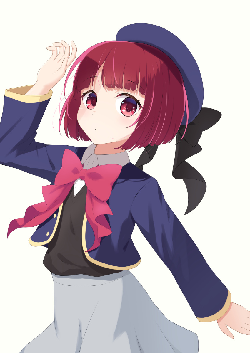 Safebooru - 1girl absurdres arima kana arm up beret black bow black vest blue headwear blue ...