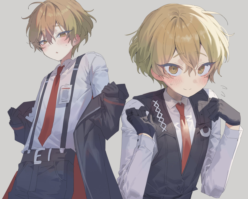 Safebooru - 1boy belt black belt black coat black gloves black pants blonde hair blush closed ...