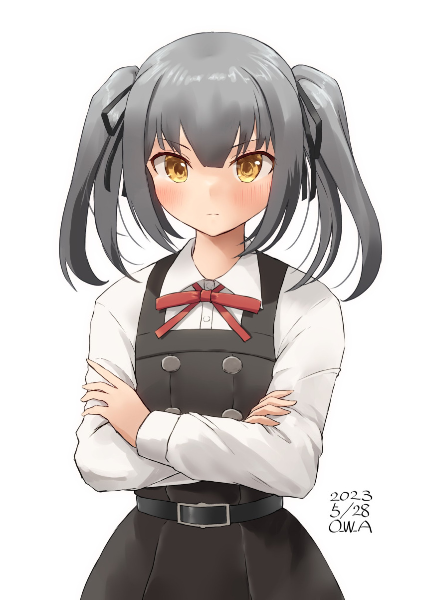 Safebooru - 1girl alternate hairstyle belt black dress black ribbon blush brown eyes buttons ...