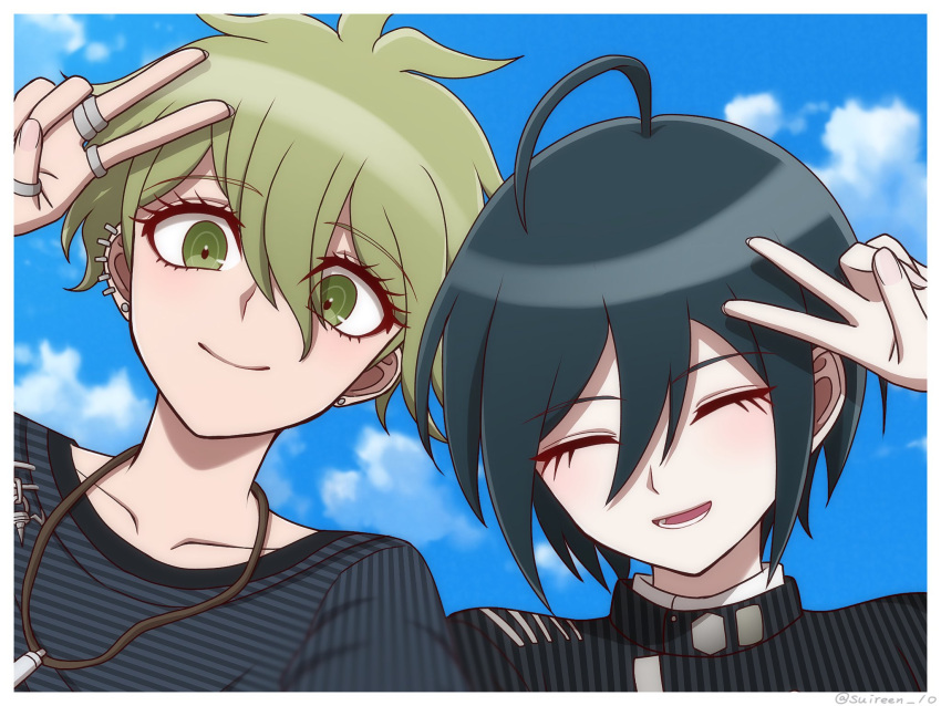 Safebooru - 2boys :d ahoge amami rantaro black hair blue sky border closed eyes closed mouth ...