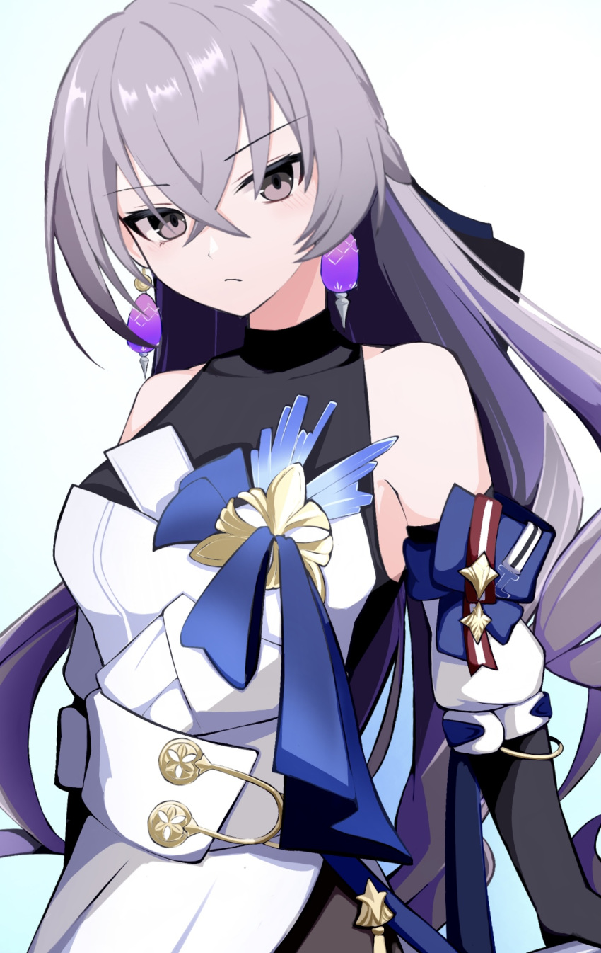 Safebooru - 1girl bare shoulders blue ribbon bronya zaychik grey eyes grey hair highres honkai ...