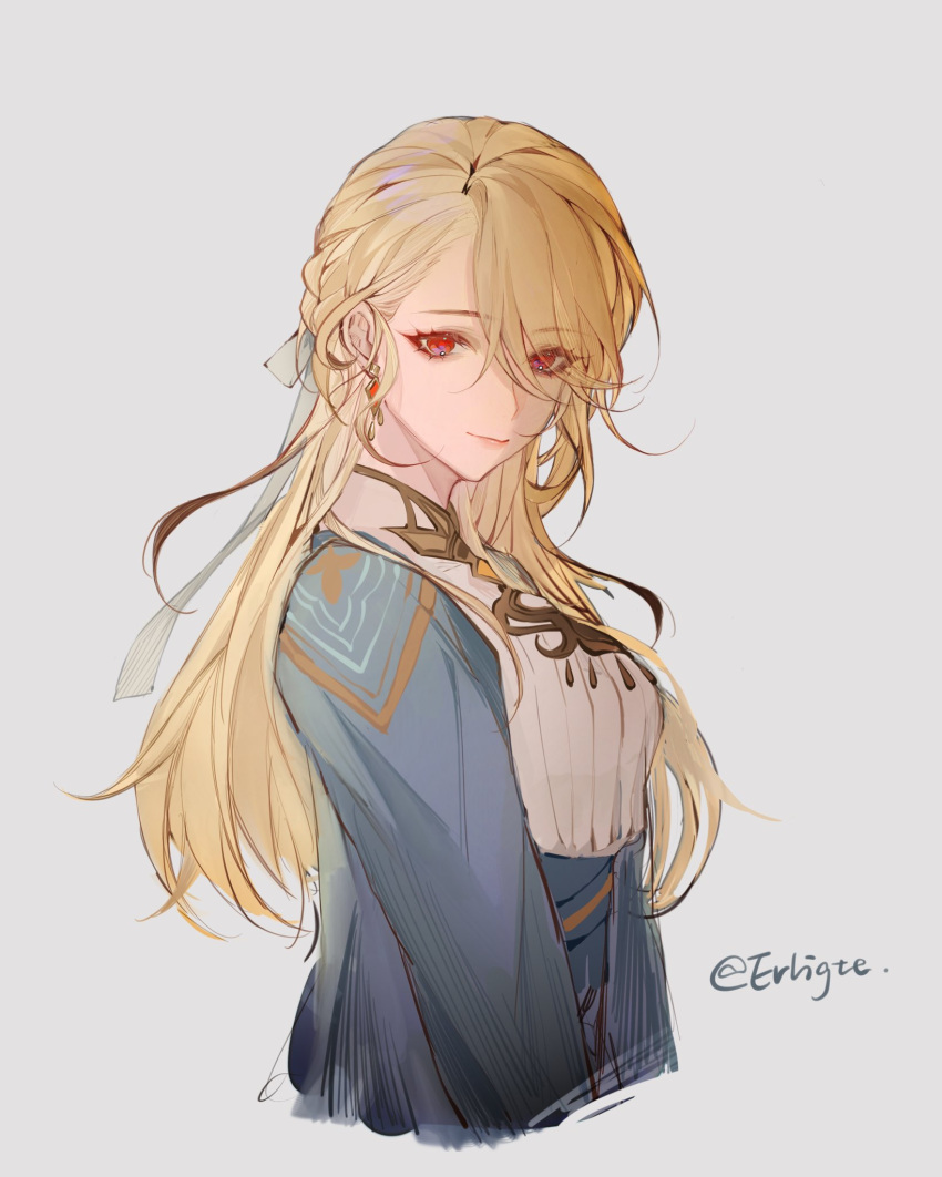 Safebooru - 1girl blonde hair blue jacket blue skirt bow braid closed mouth crown braid earrings ...