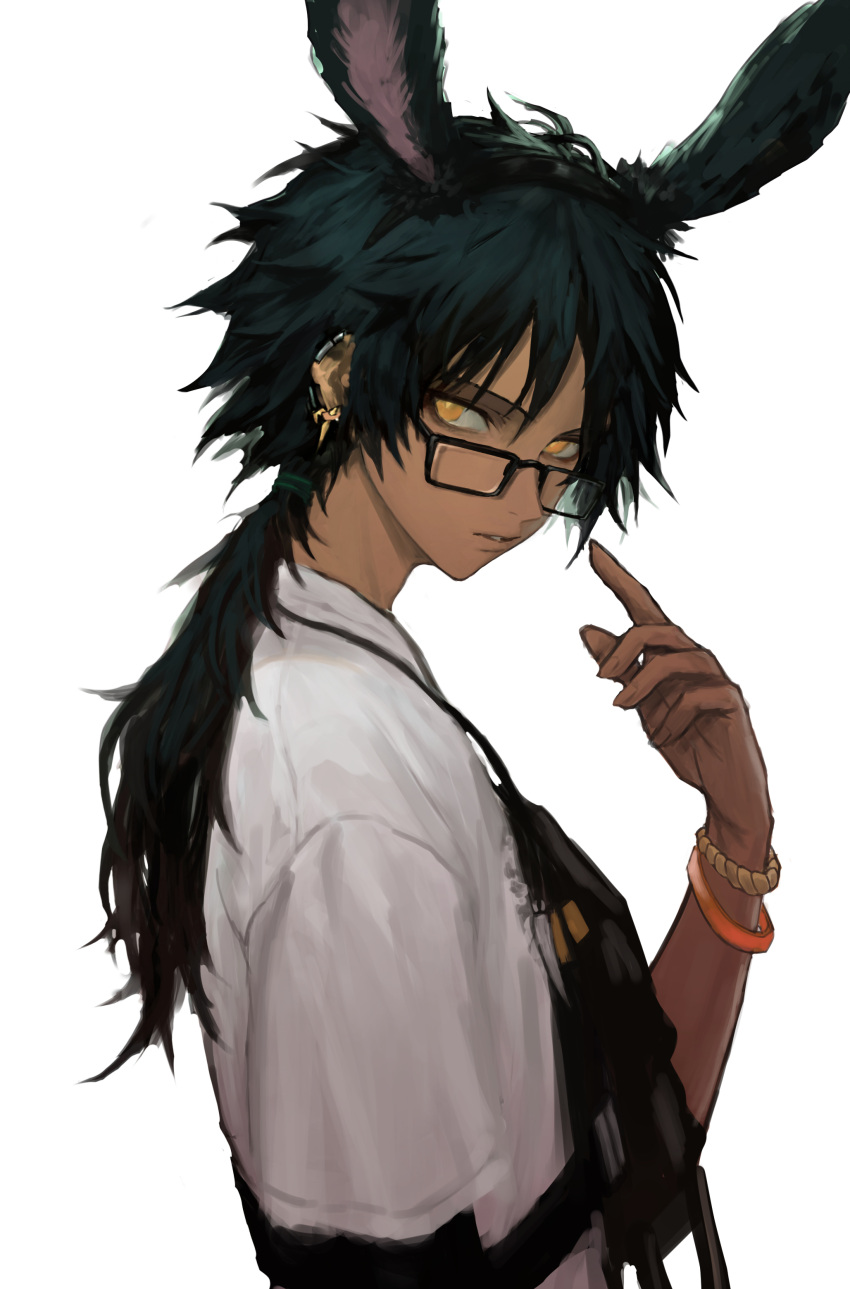 Safebooru - 1boy absurdres animal ears arknights bag black-framed eyewear black hair bracelet ...