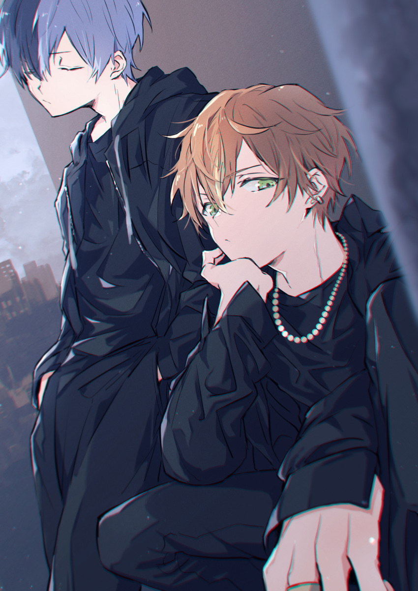 Safebooru - 2boys alternate costume aoyagi touya bead necklace beads black jacket black shirt ...
