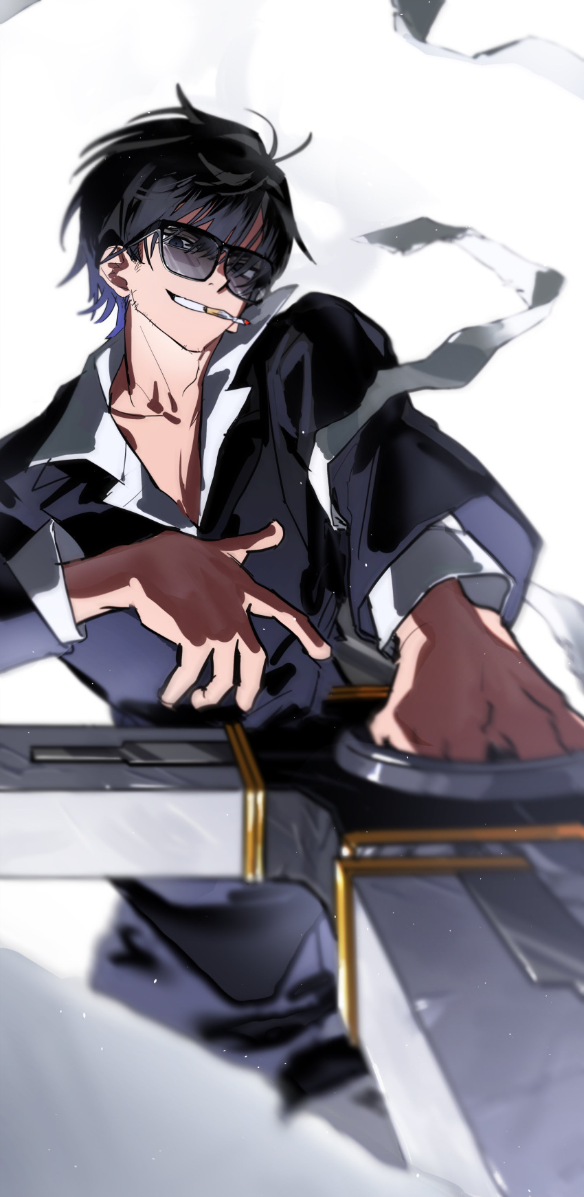 Safebooru - 1boy absurdres bandages black eyes black hair black jacket black pants cigarette ...