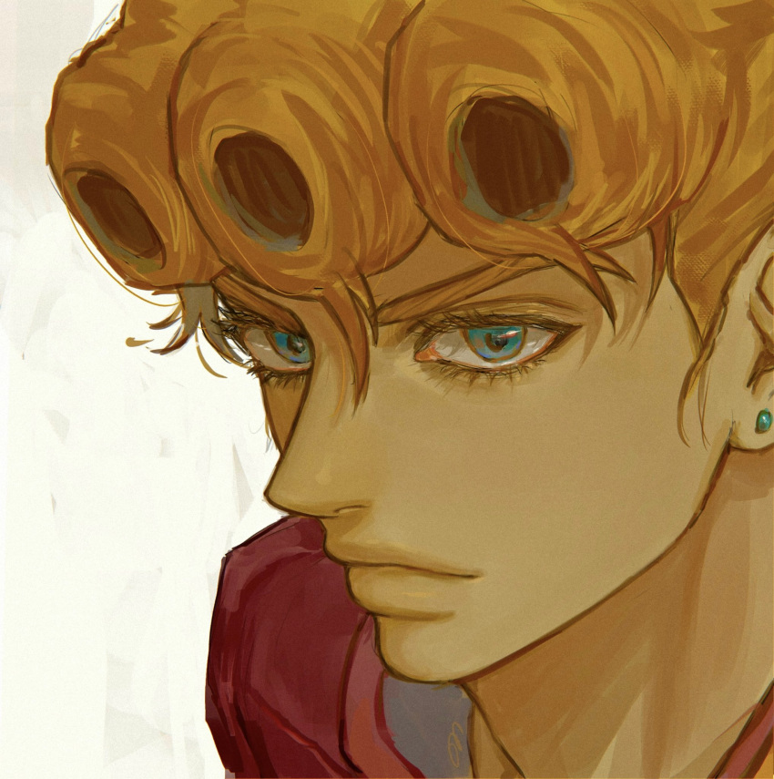 Safebooru - 1boy blonde hair blue eyes closed mouth curly hair ear piercing giorno giovanna ...