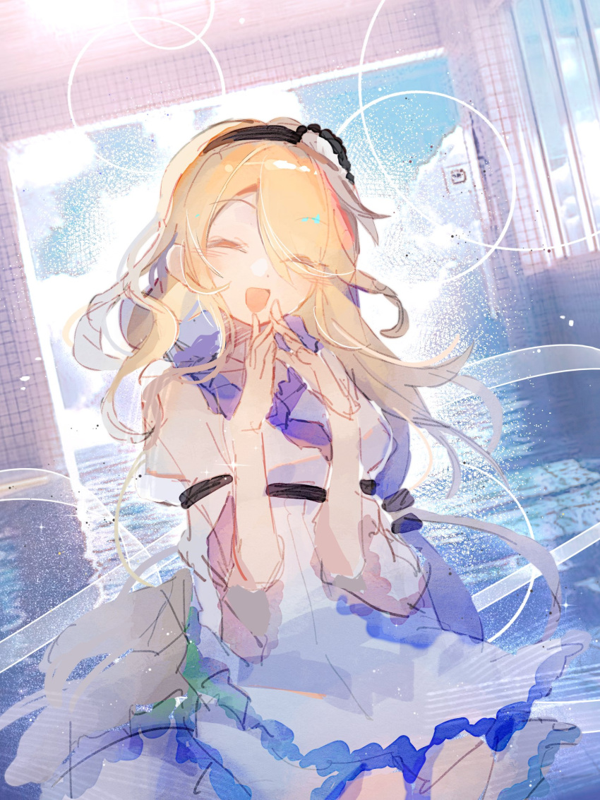 Safebooru - 1girl :d blonde hair blue sky blush clam shell ornament ...