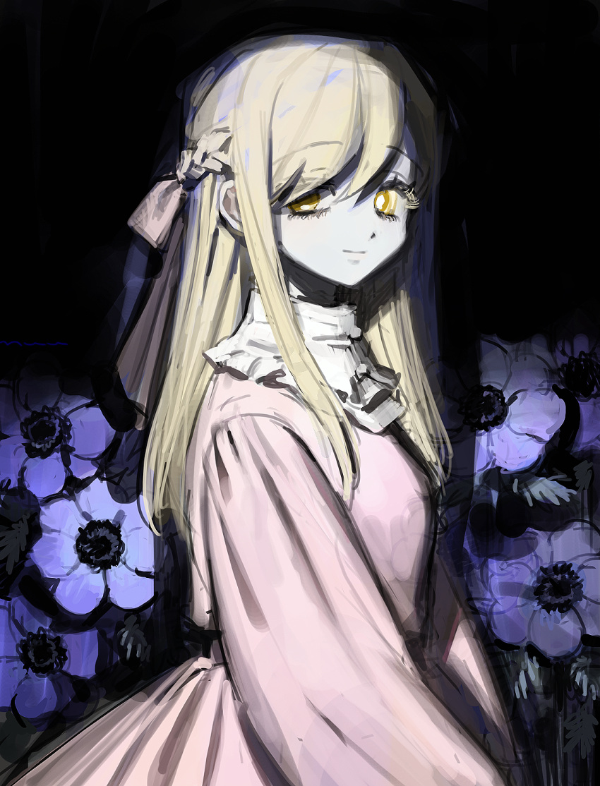 Safebooru - 1girl black background blonde hair blue flower bow braid closed mouth dark dot nose ...