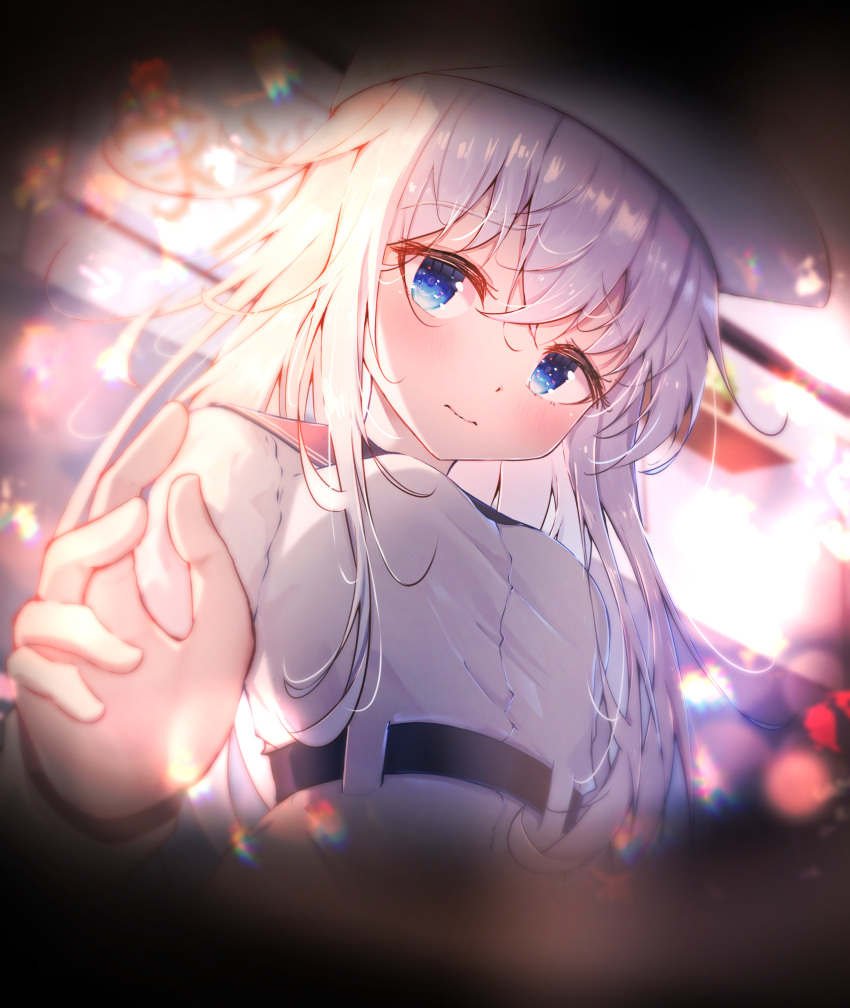 Safebooru - 1girl absurdres black sailor collar blue eyes blush closed mouth dfd grey hair hair ...