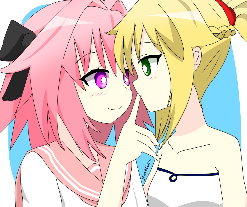 Safebooru - 1boy 1girl absurdres astolfo (fate) bare shoulders black bow blonde hair blush bow ...